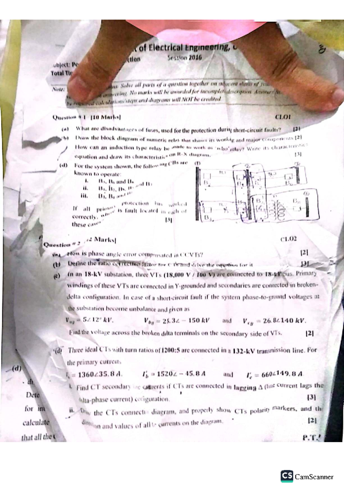 Past Paper Midterm (EE 2016): Relay Protection & Phase Angle Errors ...