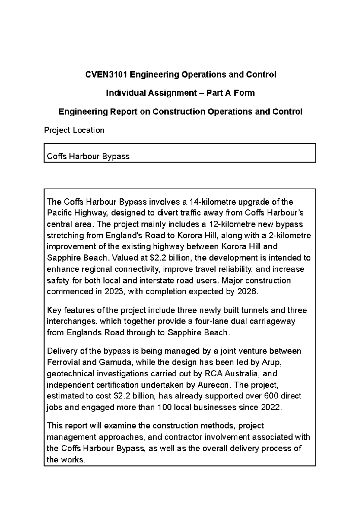 CVEN3101 Engineering Report on Coffs Harbour Pass Project - Studocu