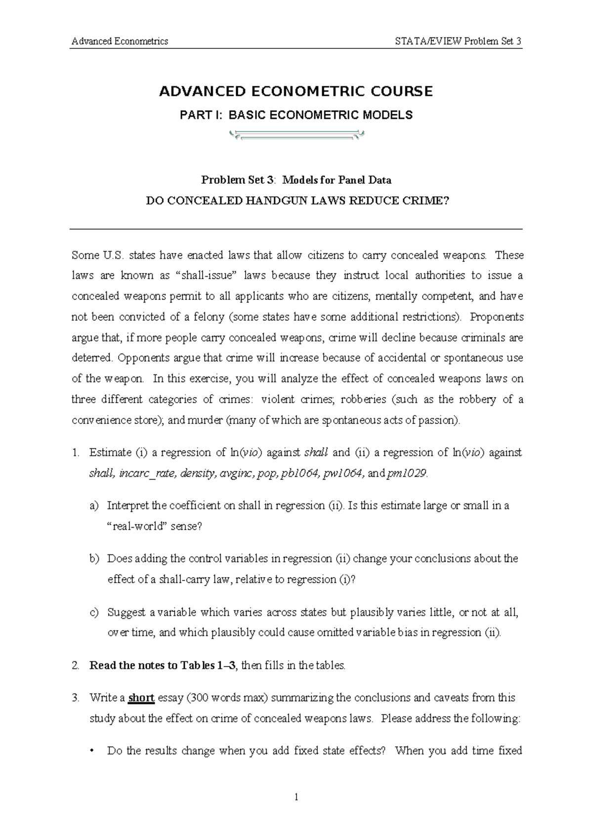 Advanced Econometrics Problem Set 3: Impact of Concealed Carry Laws ...