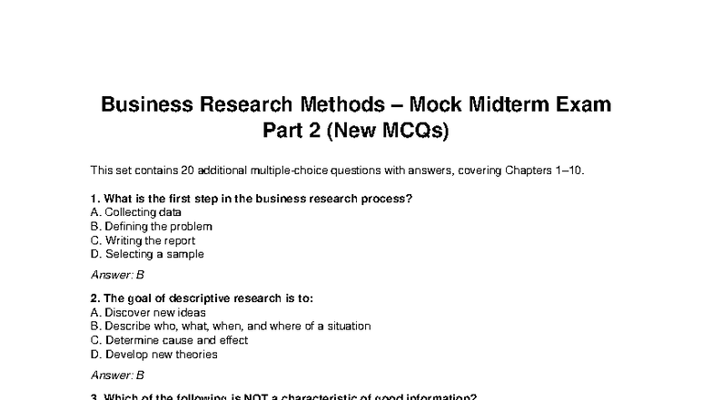 Business Research Methods Mock Midterm Exam Part 2 (New MCQs) - Studocu