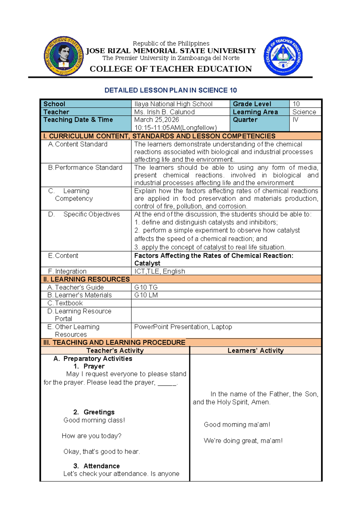 Detailed Lesson Plan in Science 10: Catalyst & Reaction Rates - Studocu
