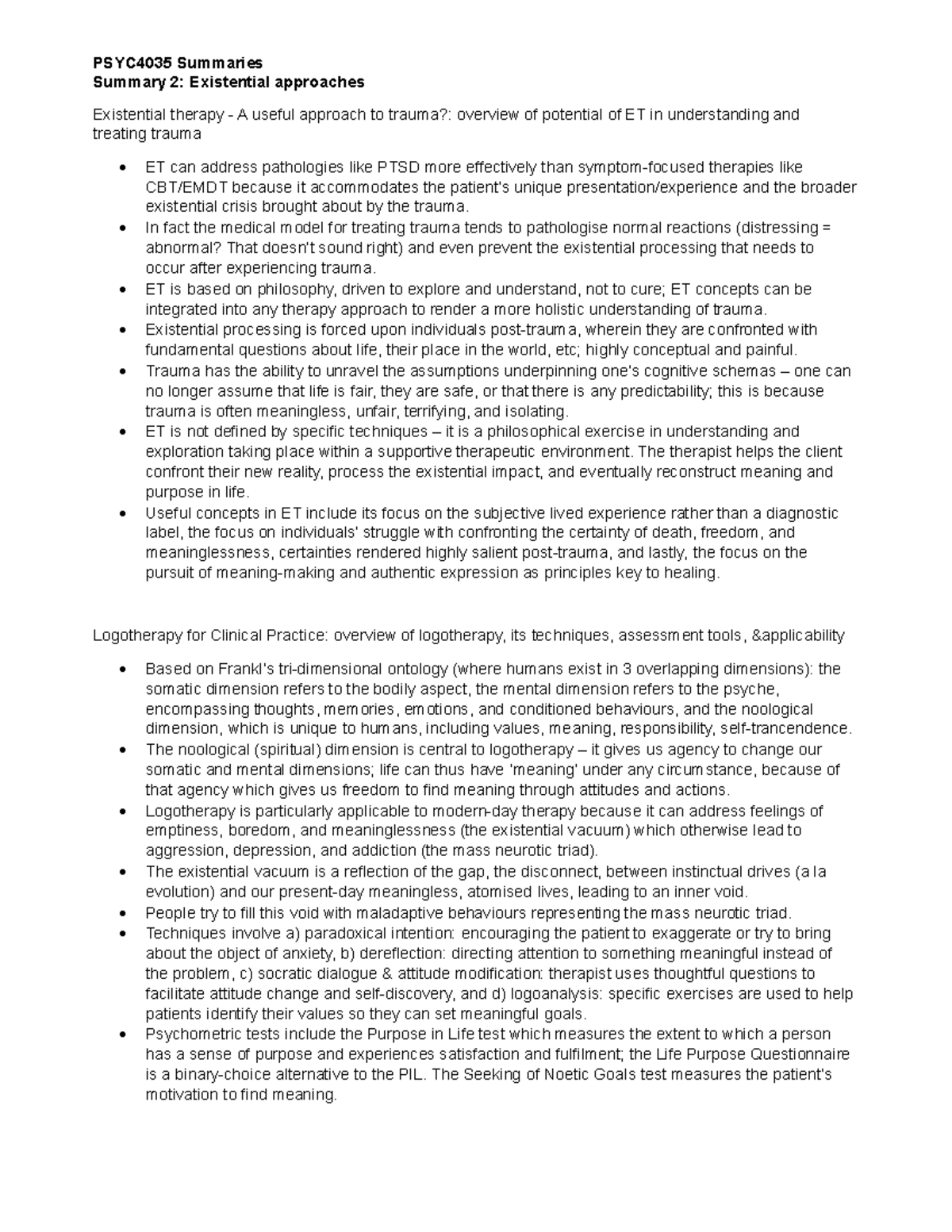 PSYC4035 Summary 2: Existential Therapy Approaches to Trauma - Studocu