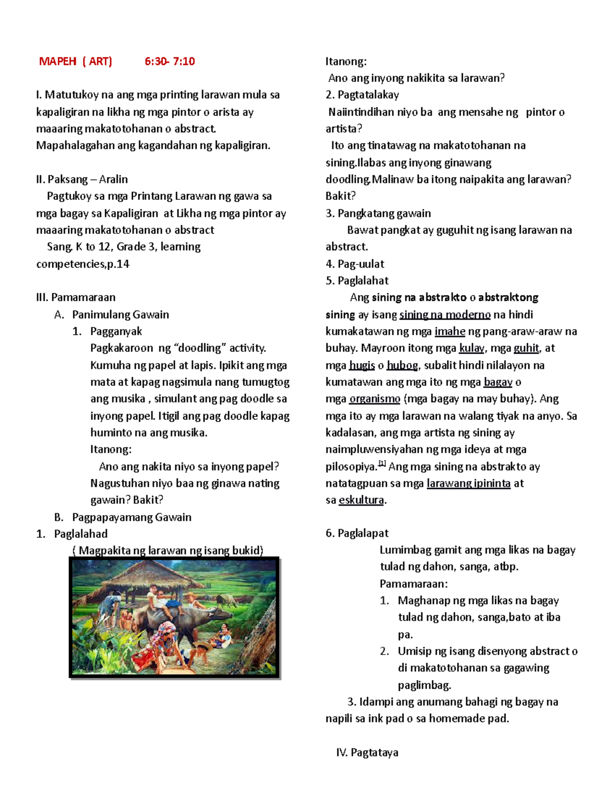 Lesson Plan: Art Activities for Grade 3 (MAPEH) 3rd Grading Period ...