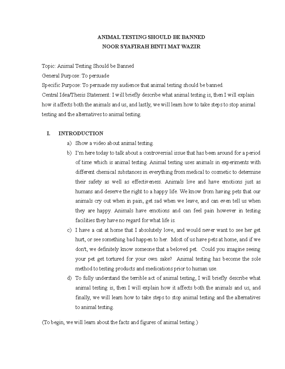 Persuasive Speech Outline: Animal Testing Should Be Banned - Studocu