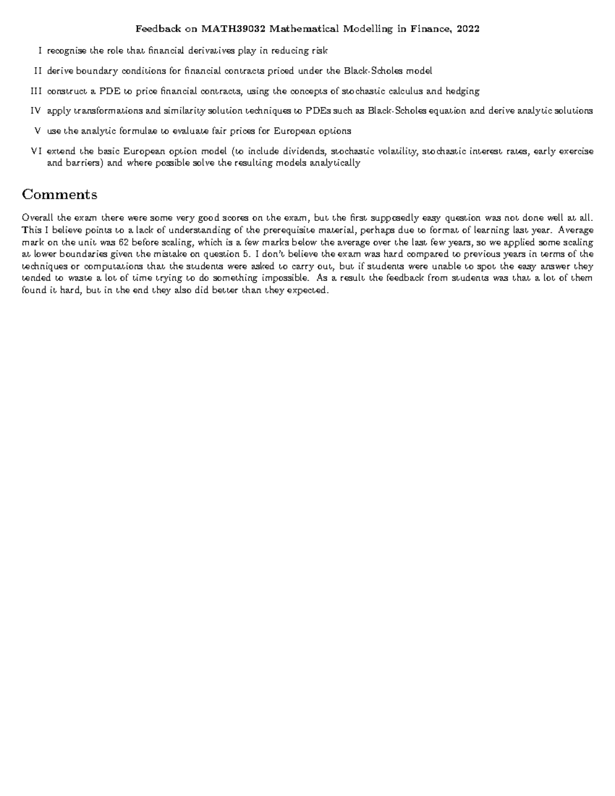 Feedback on MATH39032 Mathematical Modelling in Finance Exam 2022 - Studocu