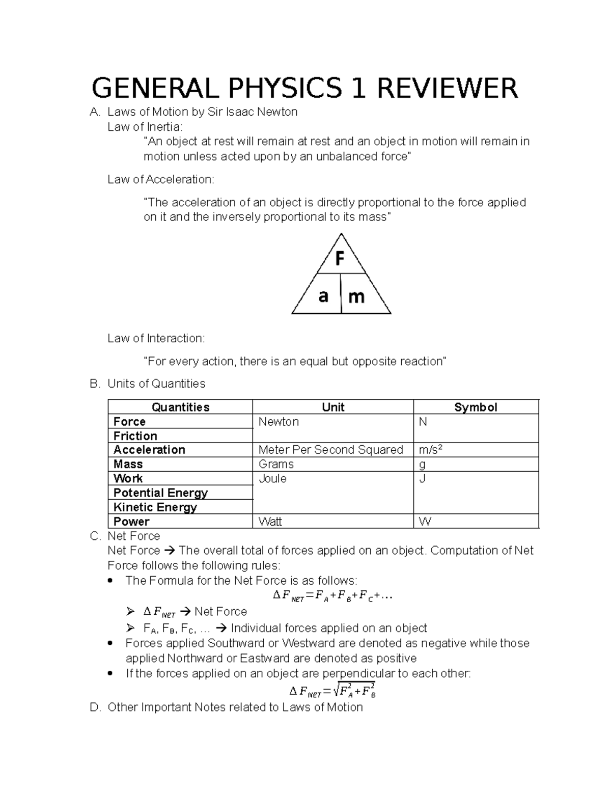 General Physics 1 Reviewer - GENERAL PHYSICS 1 REVIEWER A. Laws of ...