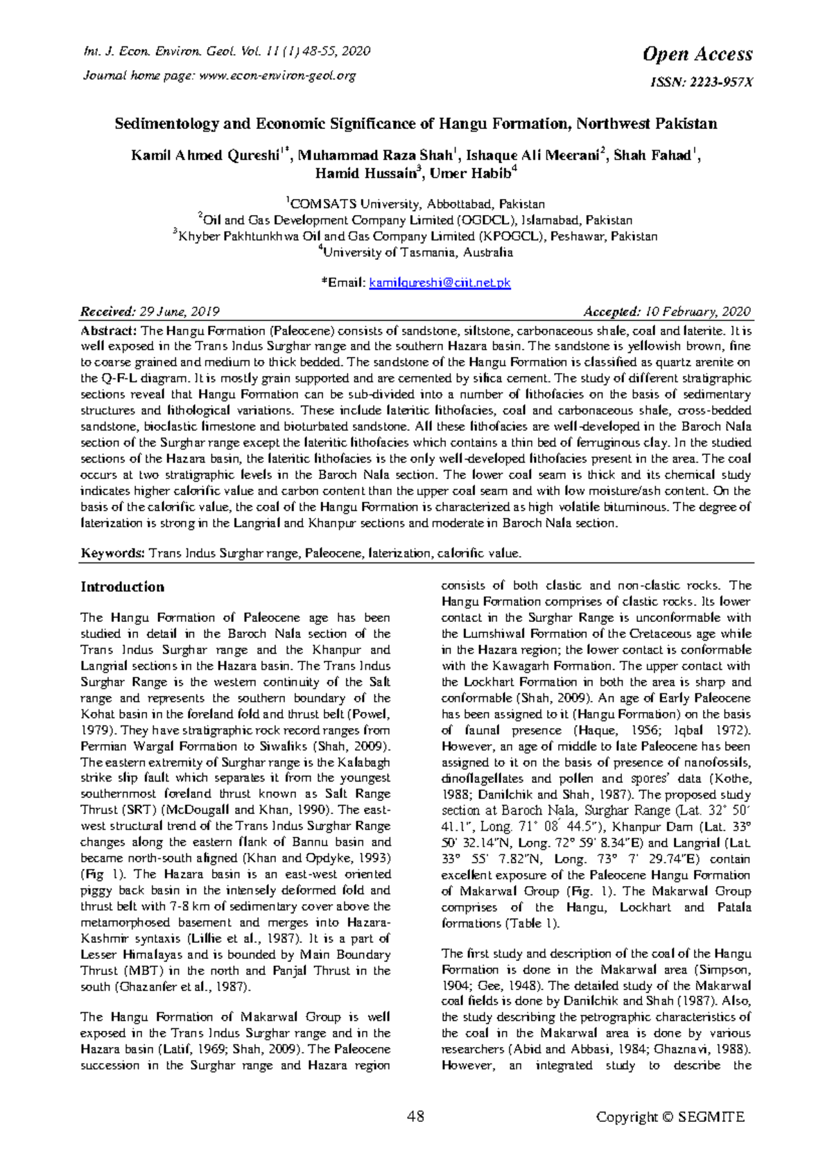 Sedimentology and Economic Significance of Hangu Formation (ECO 2020 ...