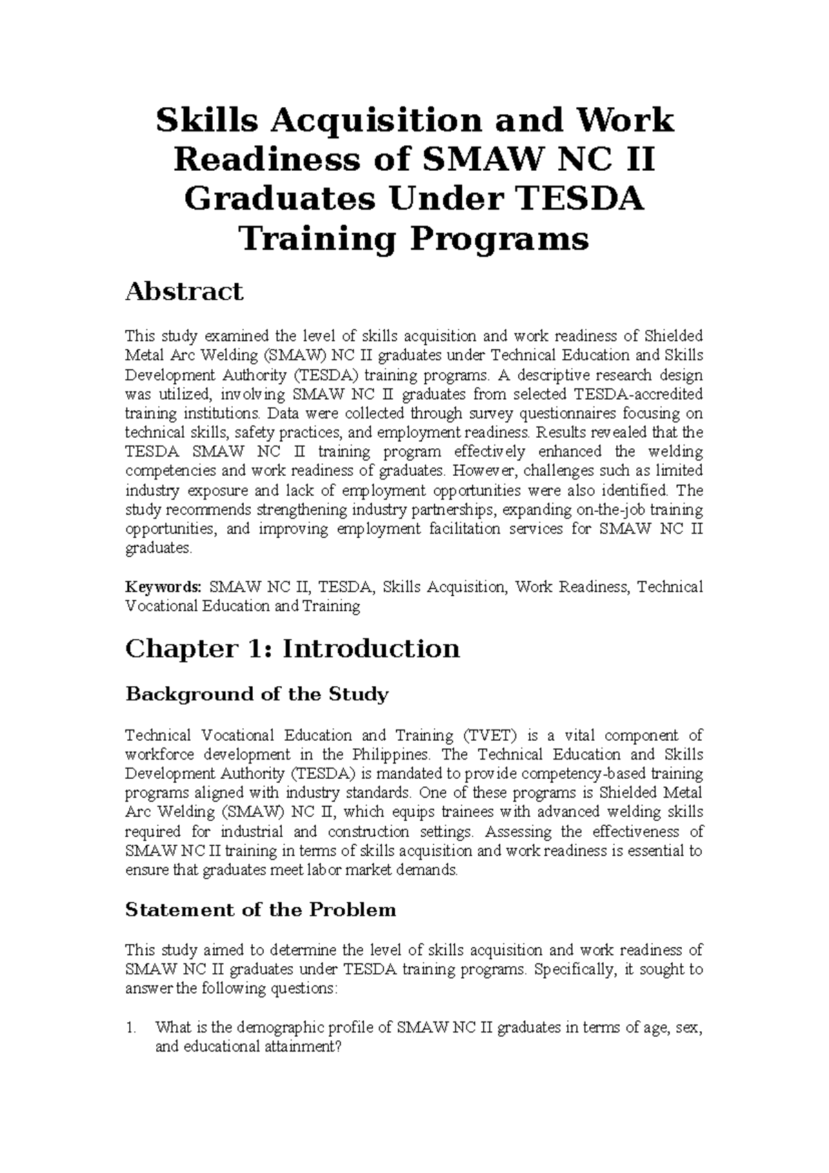 SMAW NC II Skills Acquisition & Work Readiness Study under TESDA - Studocu