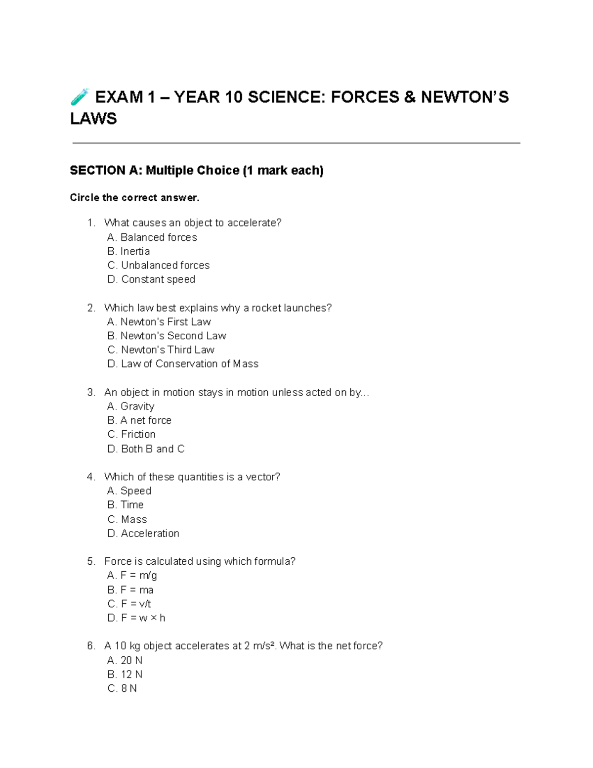 YEAR 10 SCIENCE EXAM 1 & 2: FORCES LAWS WITH ANSWERS - Studocu