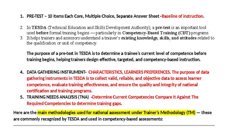 EPS Review: Core Competencies & Assessment Methodologies in TESDA - Studocu
