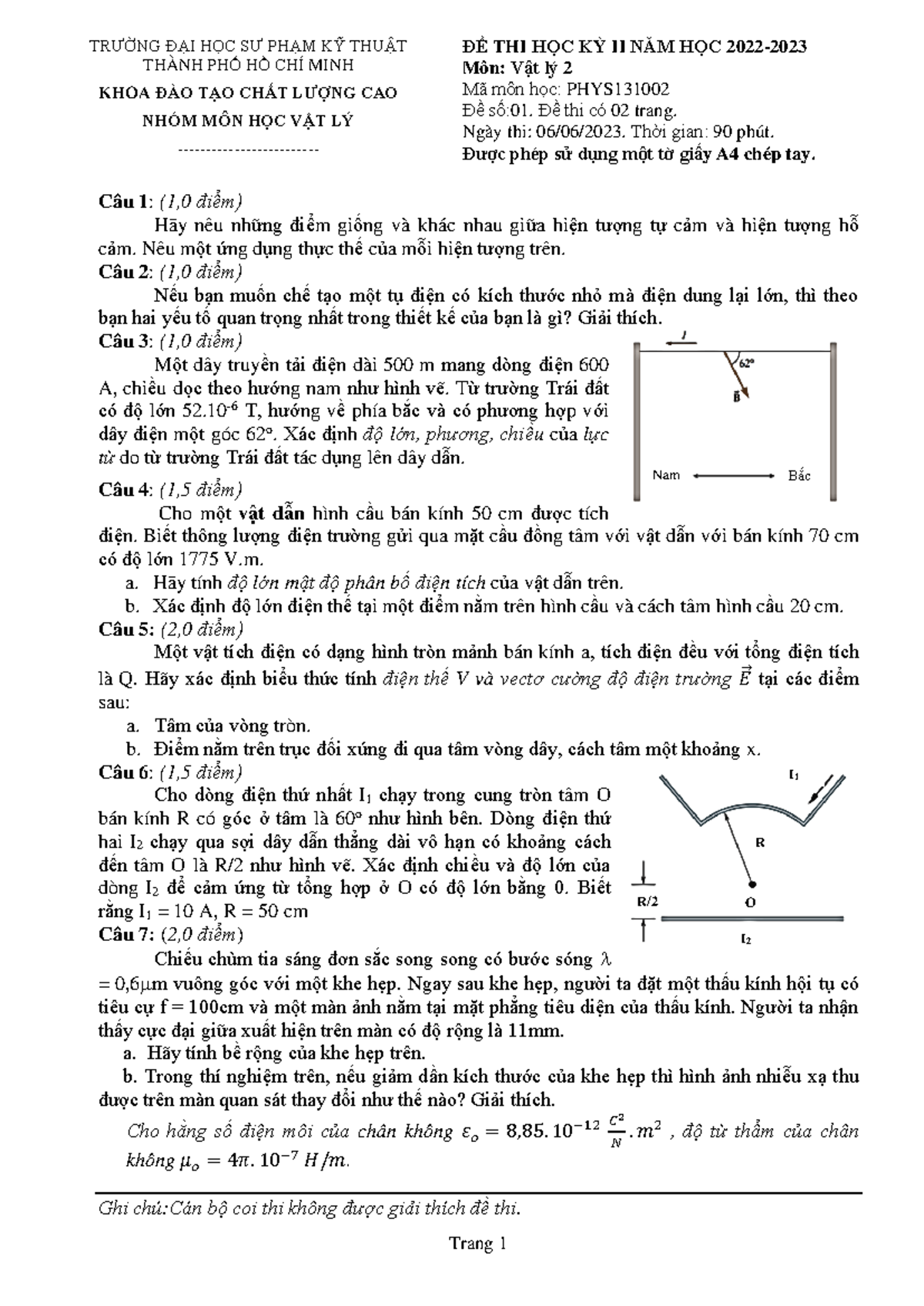 Đề Thi Học Kỳ II Vật Lý 2 PHYS131002 HKII-2022-2023 - Studocu