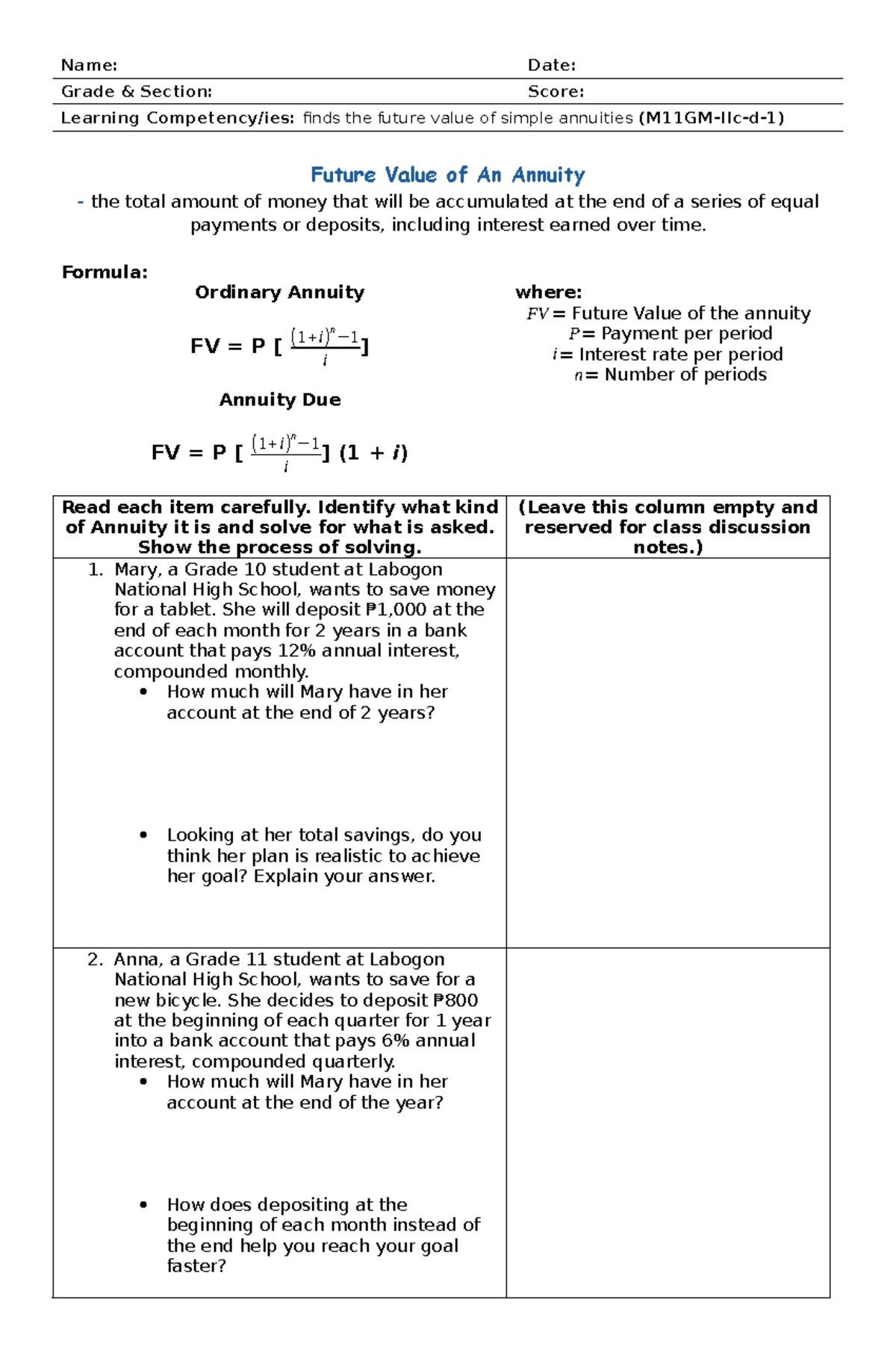 Annuities Worksheet: Future & Present Value Calculations - Studocu