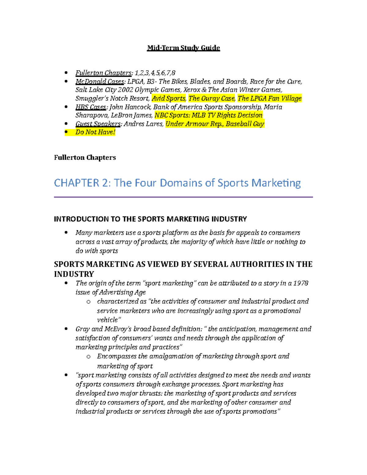 Sports Marketing Study Guide - Mid-Term Study Guide Fullerton Chapters ...
