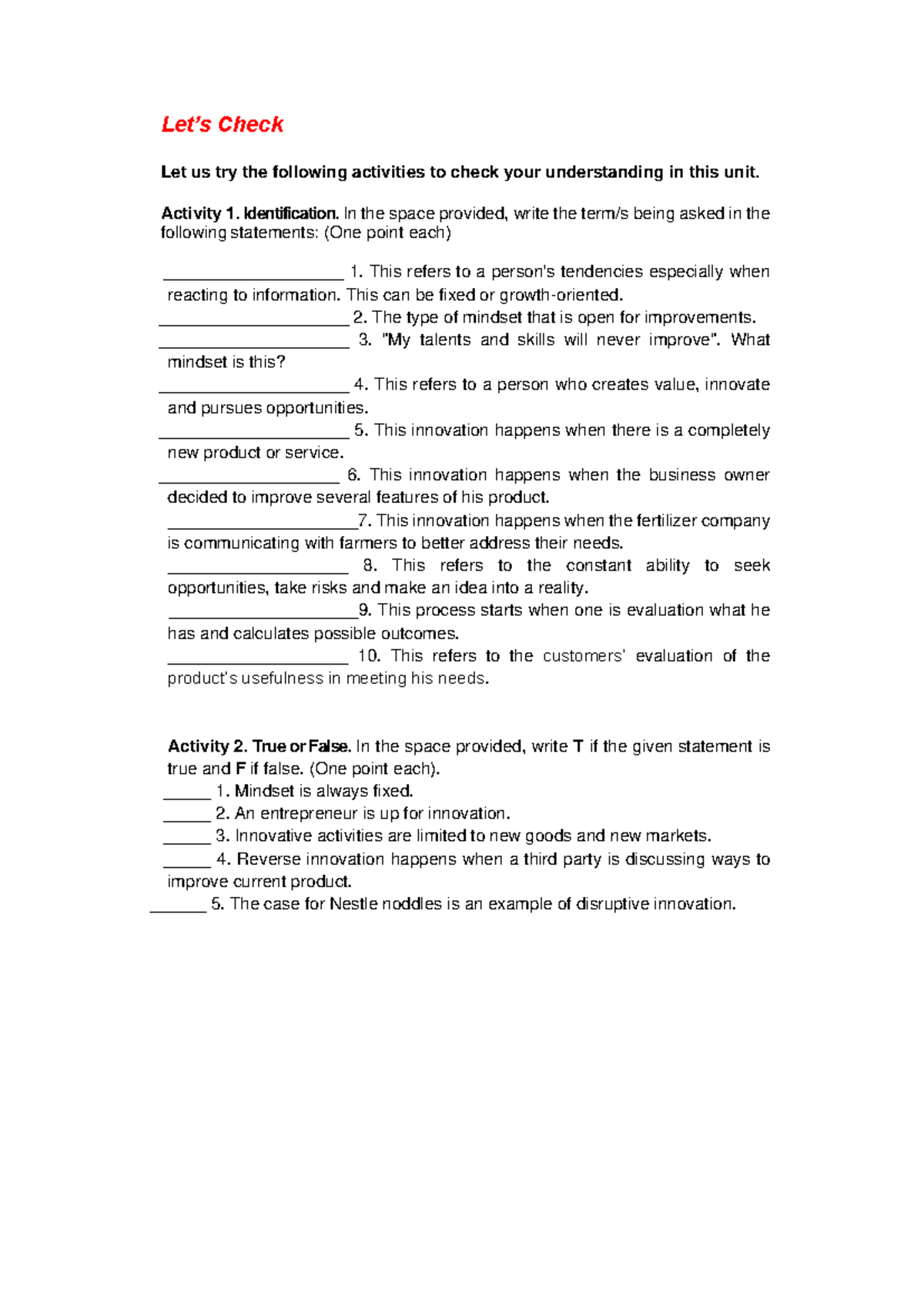 GE11-1ST- Activity on Mindsets and Innovation Understanding - Studocu