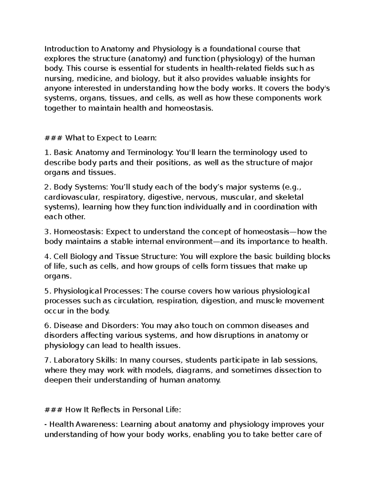 Introduction to Anatomy and Physiology - This course is essential for ...