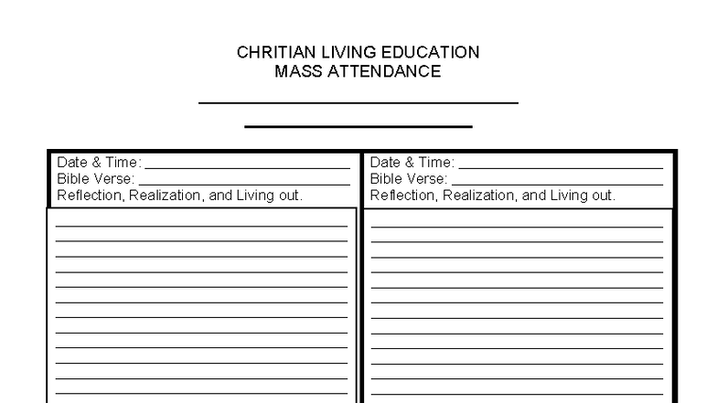Chritian Living Education MASS Attendance form - world religion ...