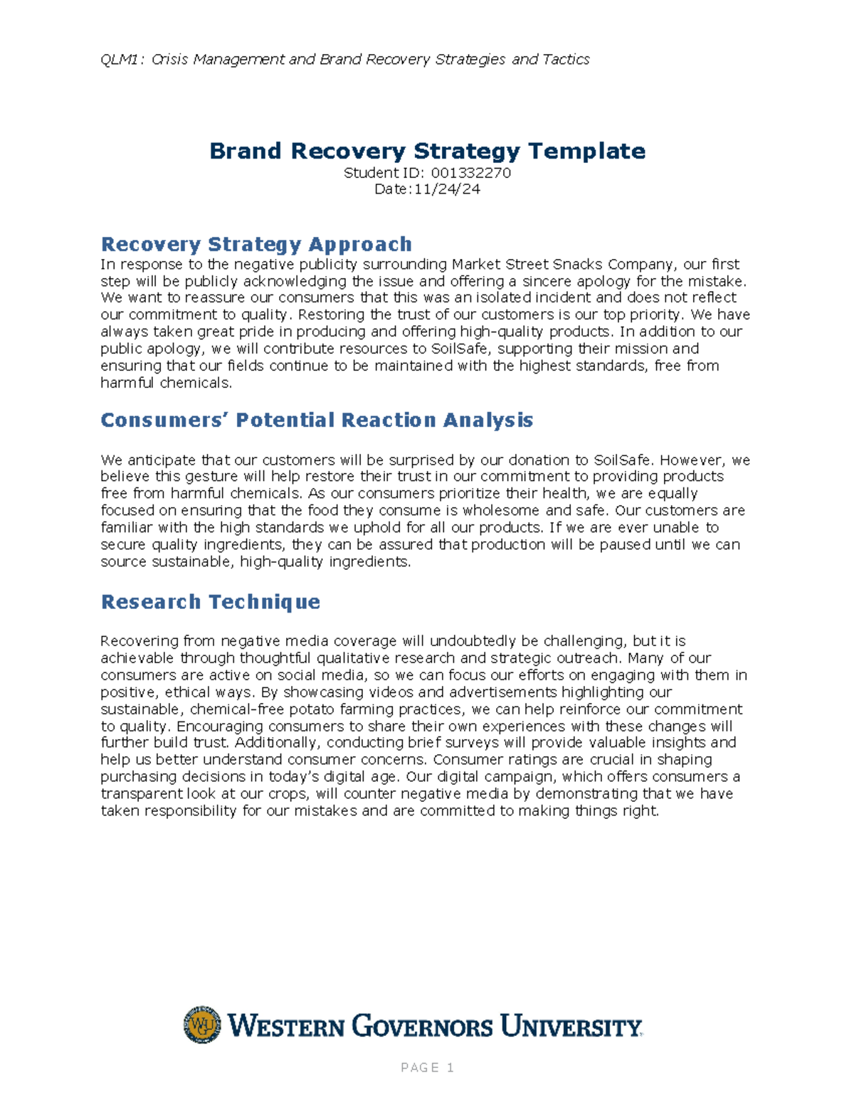 Brand Recovery Strategy Task 2 - QLM1: Crisis Management and Brand ...