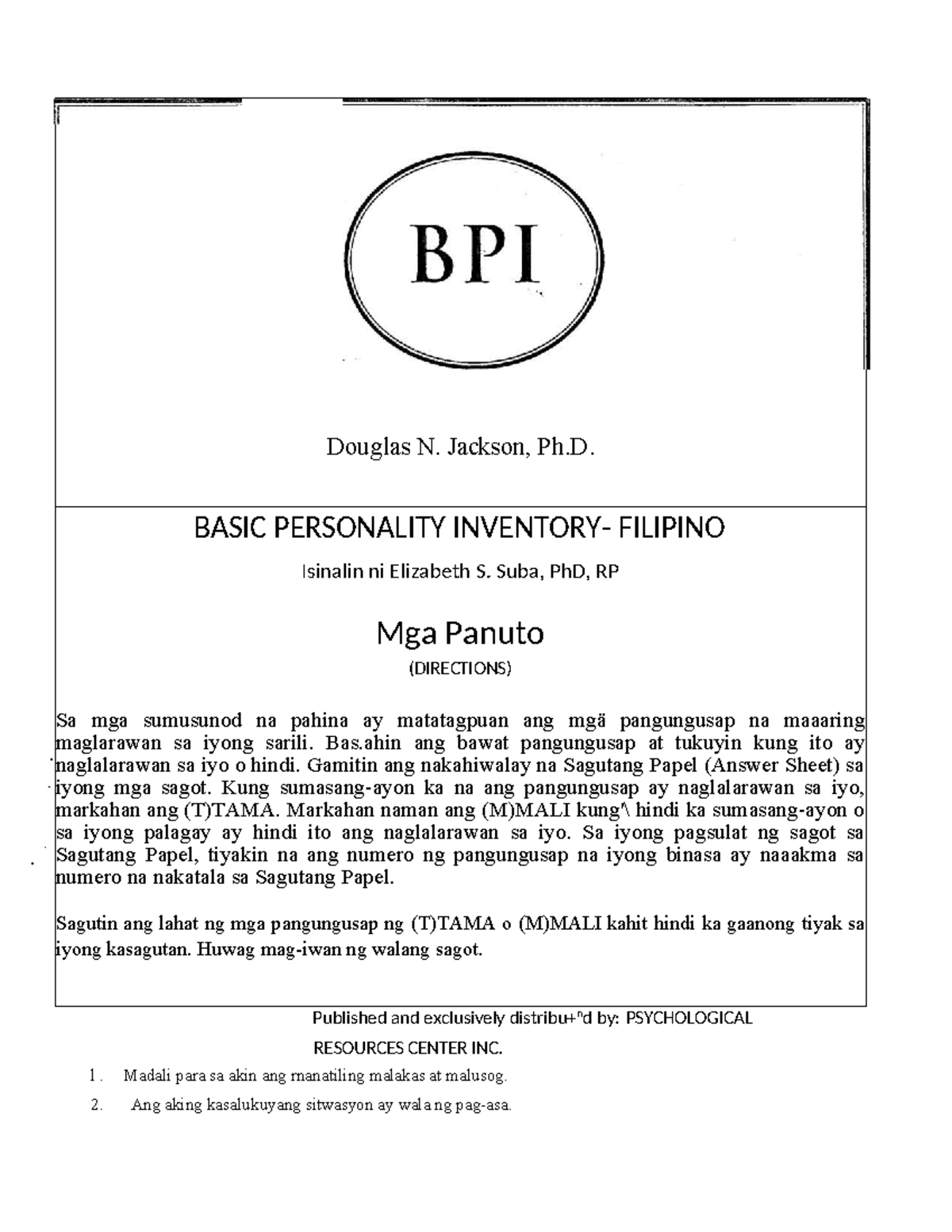 BASIC PERSONALITY INVENTORY FILIPINO (BPI 101) - Isinalin ni Elizabeth S. Suba, - Studocu