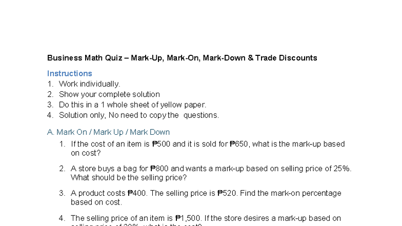 Business Math Quiz: Trade Discounts & Solutions - Studocu