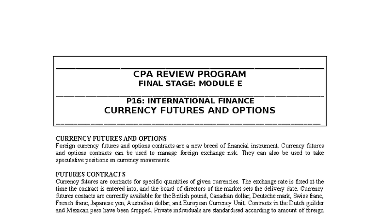 CPA REVIEW PROGRAM FINAL STAGE: MODULE E P17 - CURRENCY FUTURES ...