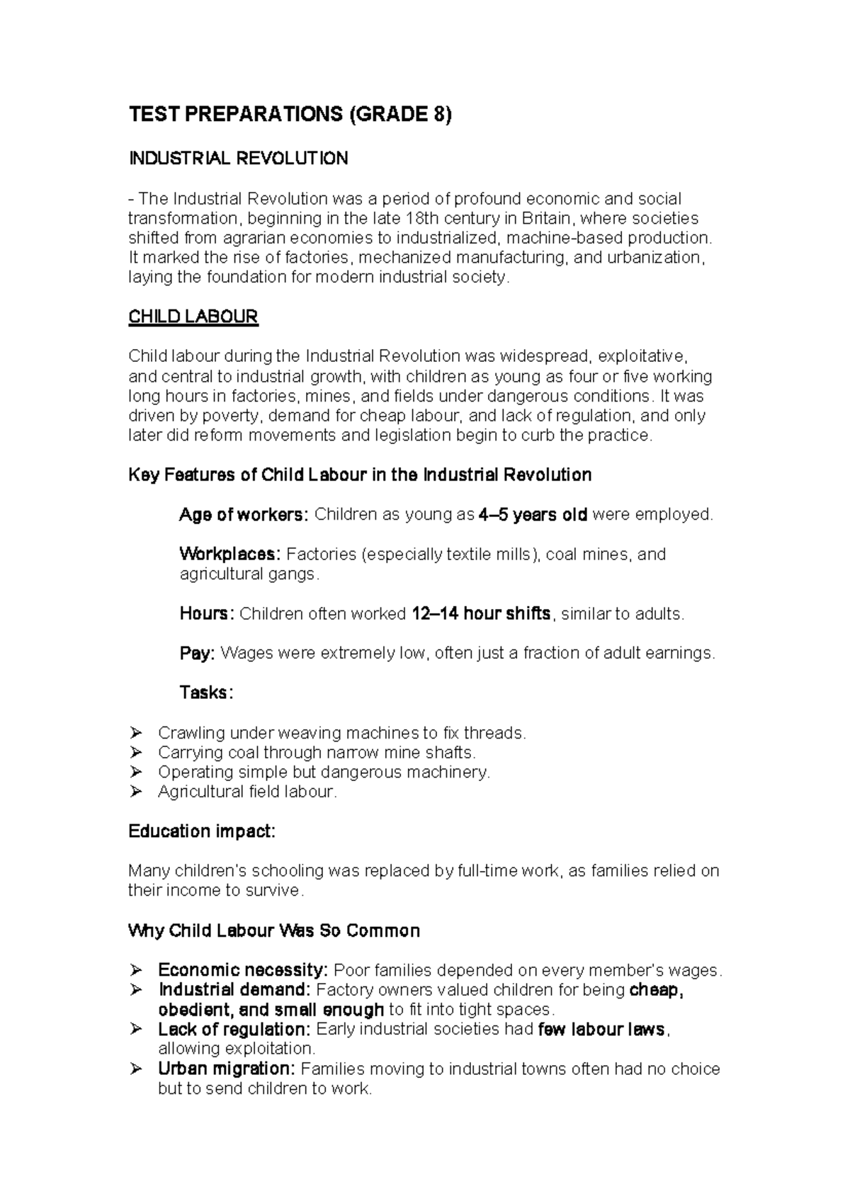 TEST PREPARATIONS (GRADE 8) - INDUSTRIAL REVOLUTION & CHILD LABOUR ...