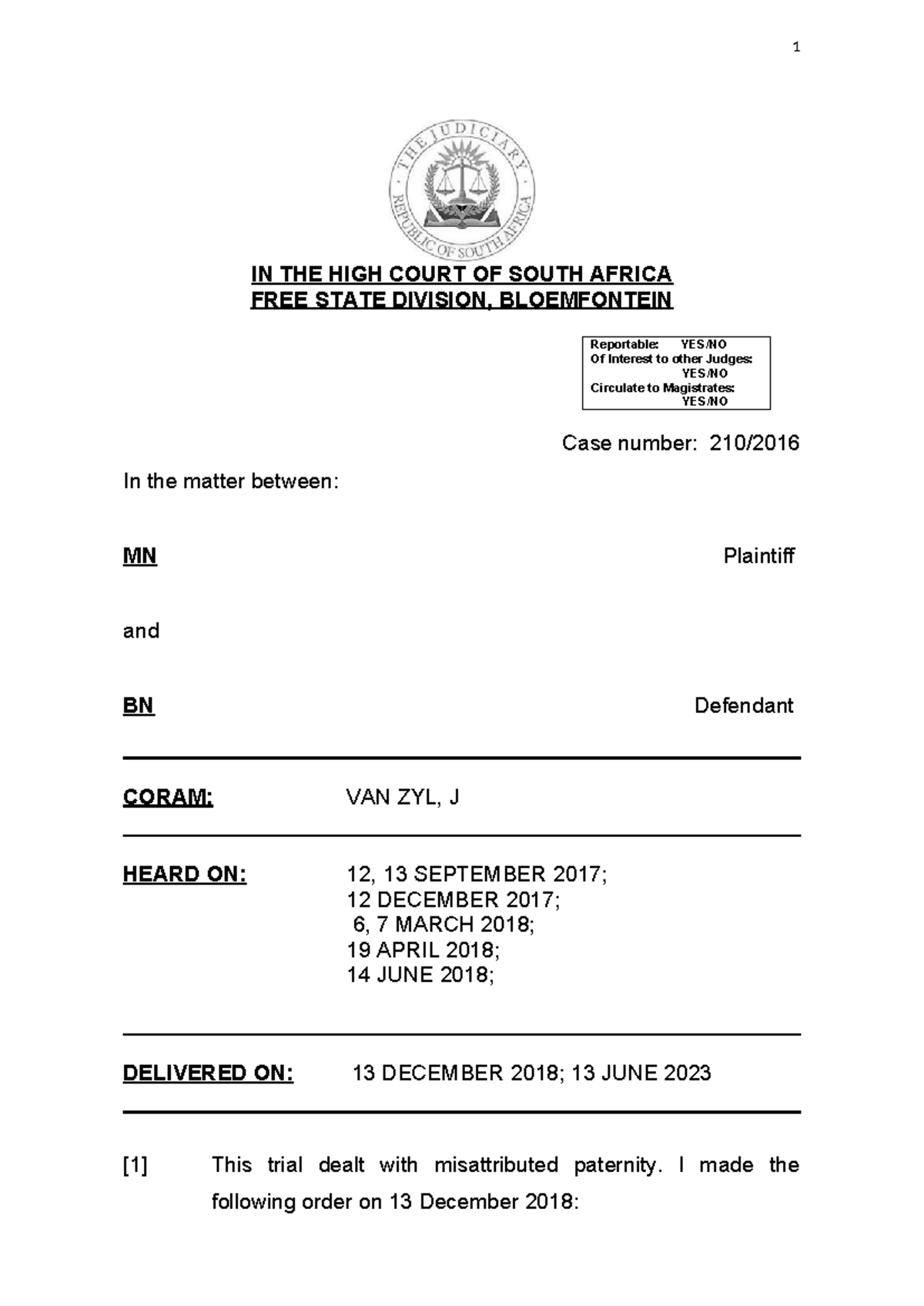 Case Study: M N v B N (2102016) - Misattributed Paternity Judgment ...