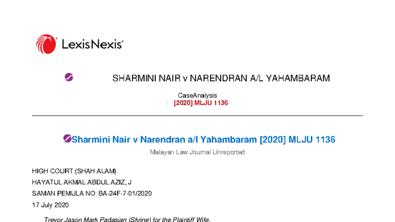 Sharmini Nair v Narendran Yahambaram Case Analysis MLJU 1136 - Studocu