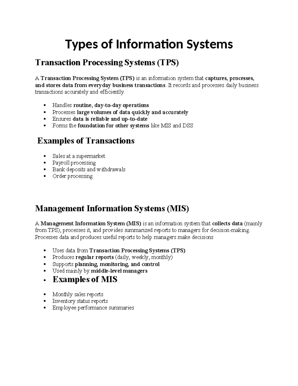 Types of Information Systems: TPS, MIS, DSS, and ESS Overview - Studocu