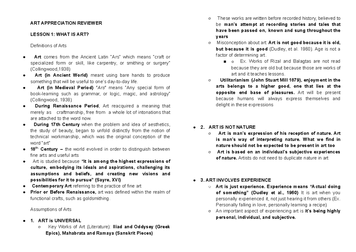 ART-APP- Comprehensive Art Appreciation Reviewer and Study Guide - Studocu