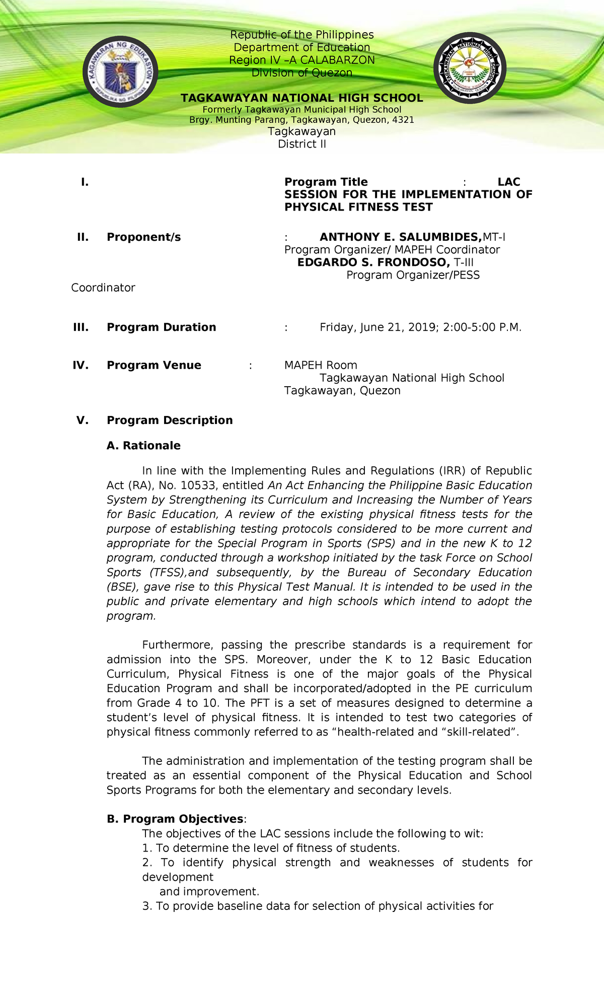 LAC Session Proposal for Physical Fitness Test Implementation - MAPEH ...