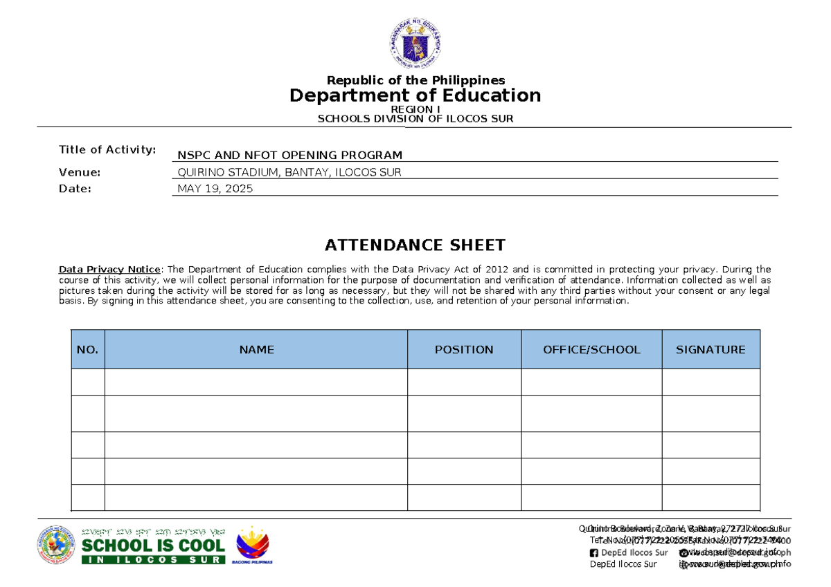 Attendance Sheet for NSPC & NFOT Opening Program - Studocu