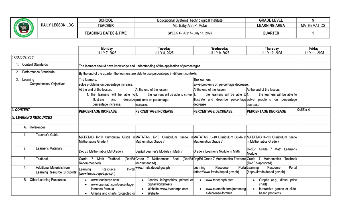 G7 Math Lesson Plan: Percentages - Week 4 (2025-2026) - Studocu