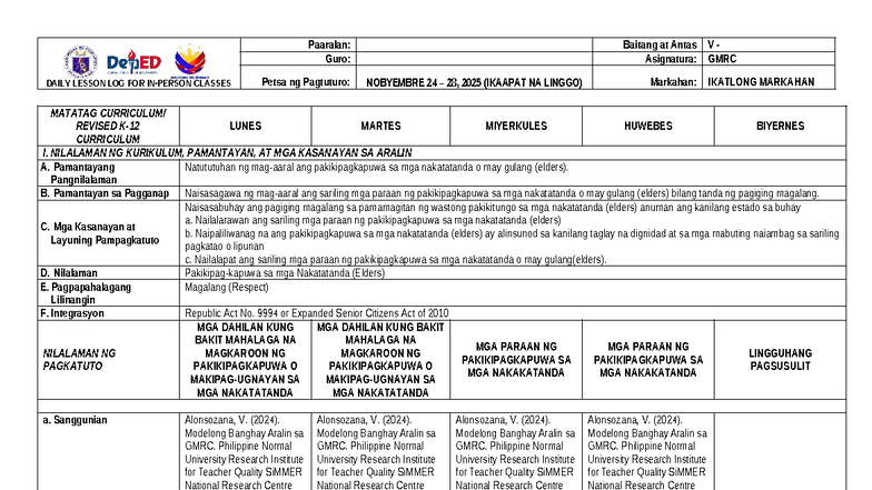 G5 GMRC DLL Q3 W4 - Daily Lesson Log for GMRC Class - Studocu