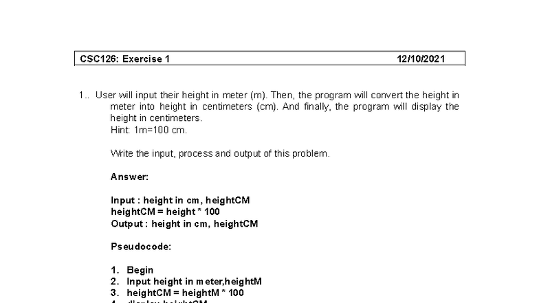 CSC126: Exercise 1 - Height Conversion and Pseudocode Examples - Studocu
