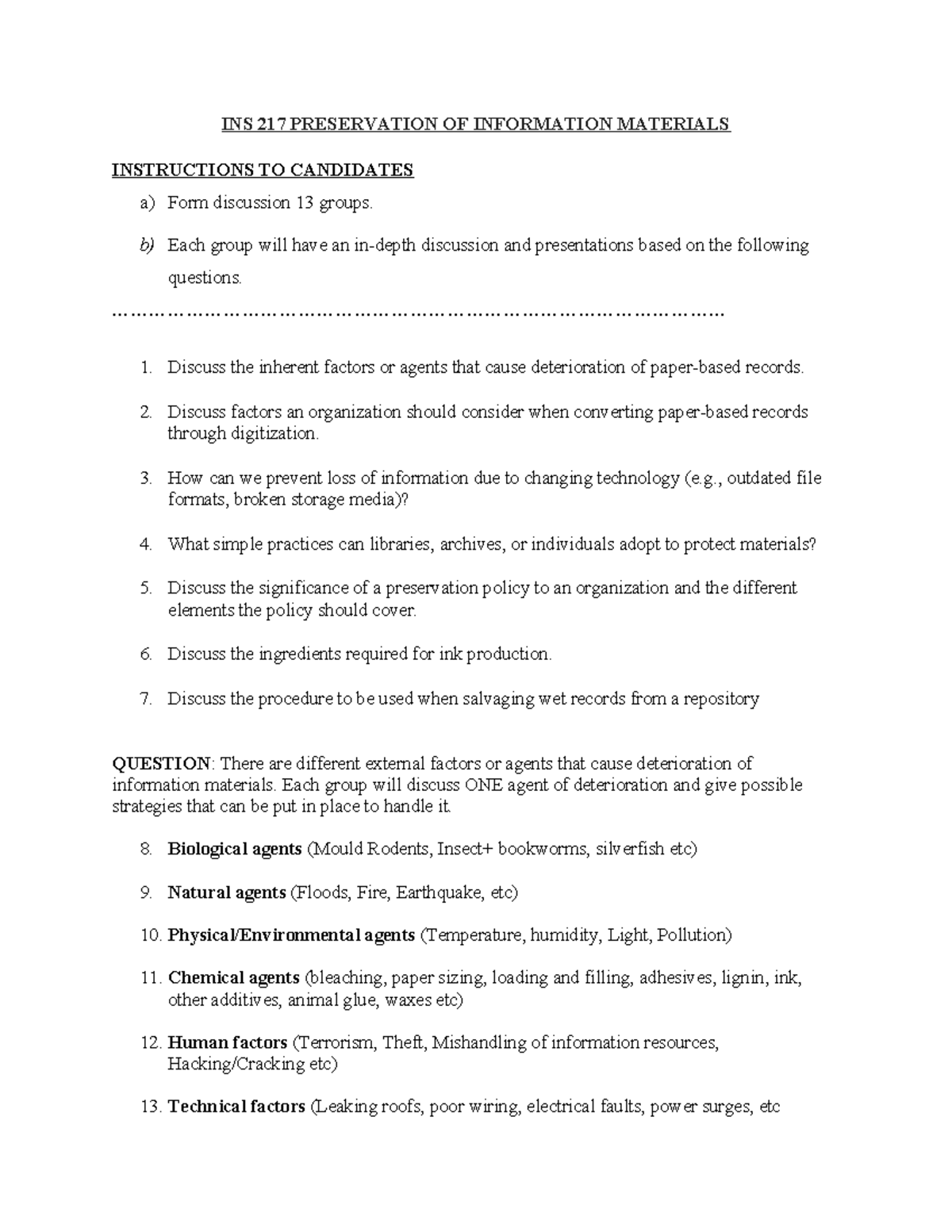 INS 217 Seminar Questions on Preservation of Information Materials ...