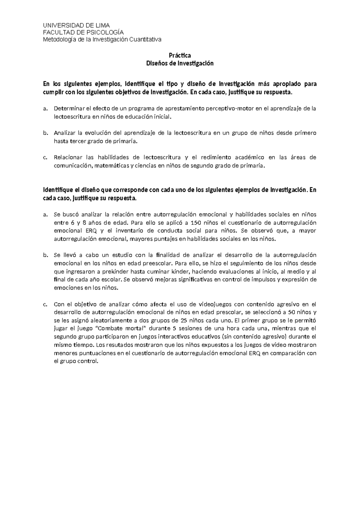 Ejercicios de Diseños de Investigación Cuantitativa - PSICO 101 - Studocu