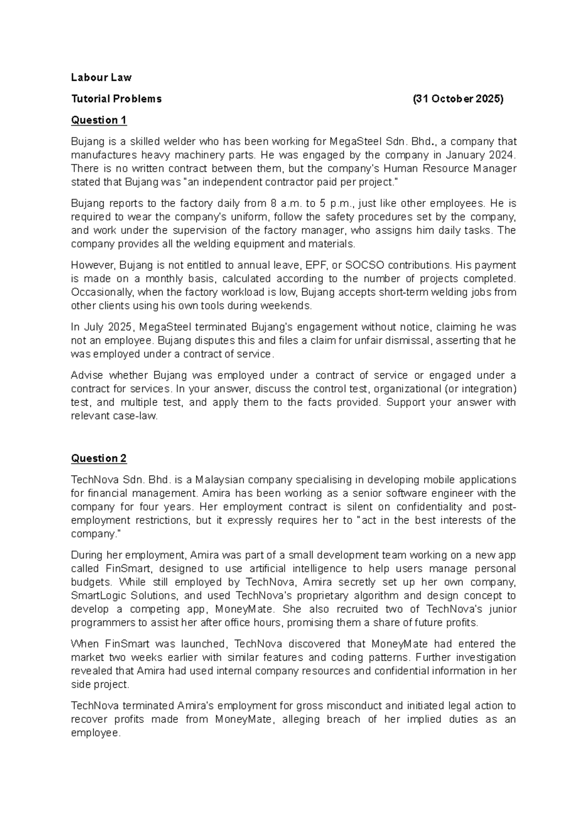 Labour Law Tutorial Problems: Employment Status & Misconduct Analysis ...