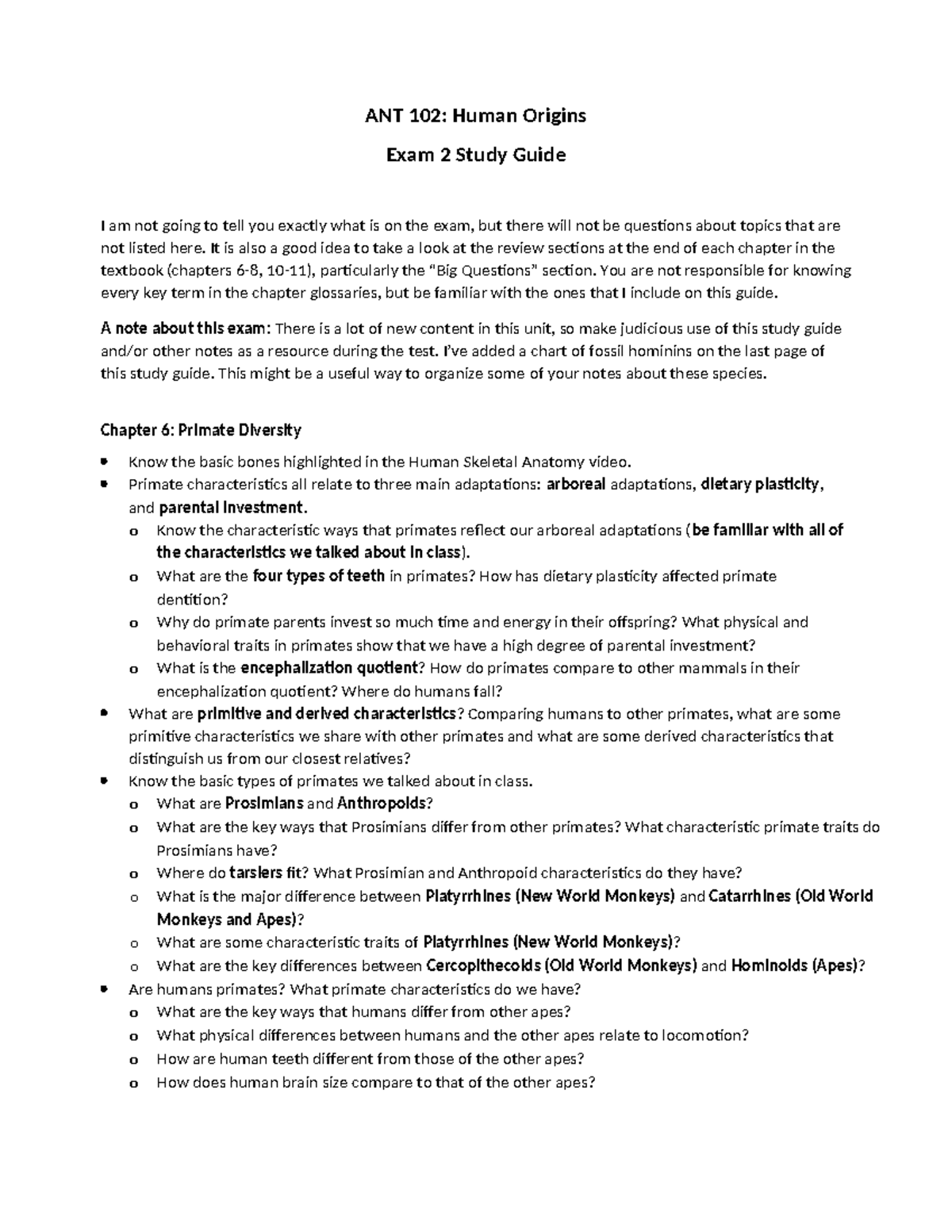 ANT 102: Human Origins Exam 2 Study Guide with Key Concepts and Questions - ANT 102: Human ...