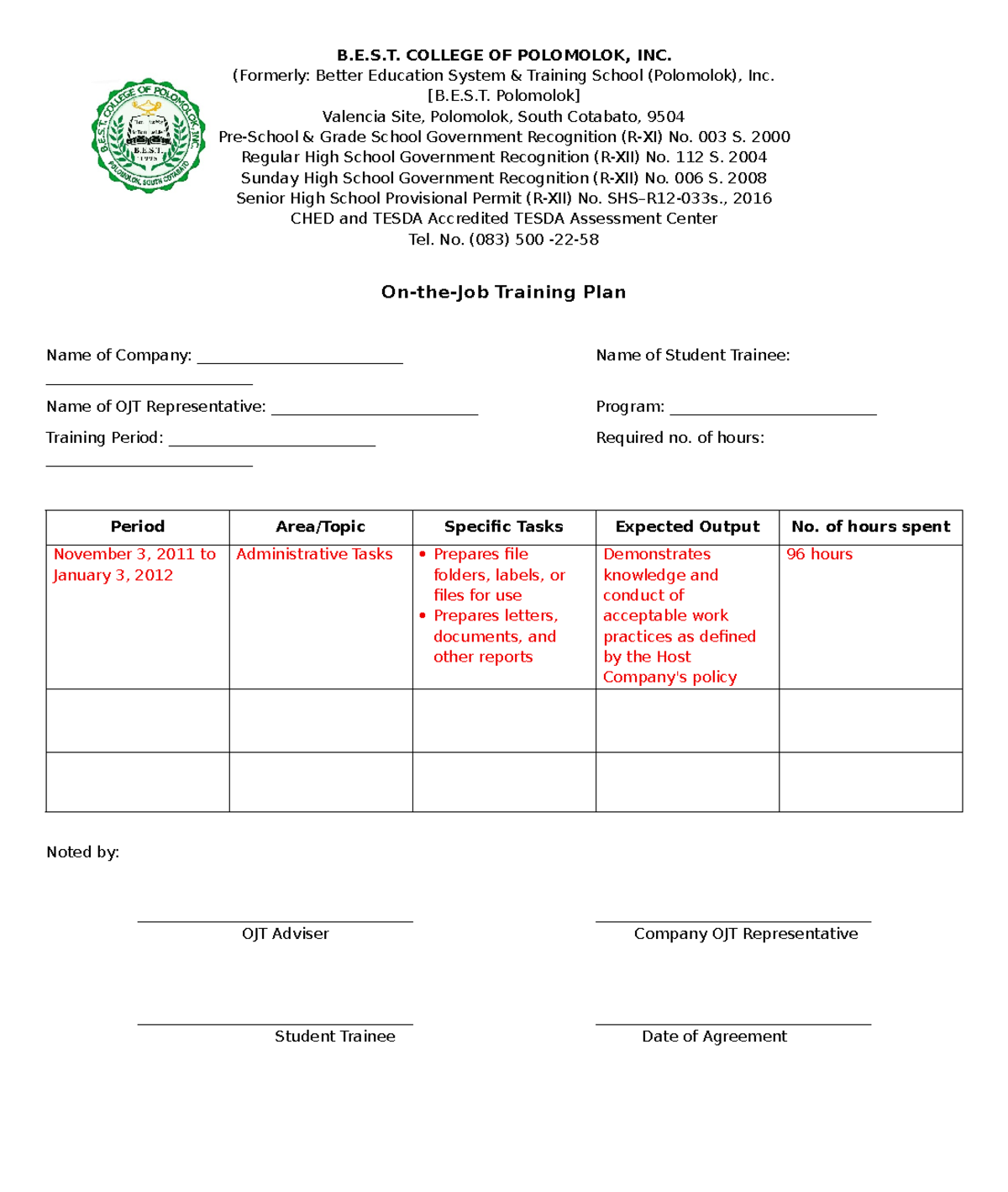 Training Plan Guide for OJT - B.E.S.T. College of Polomolok - Studocu