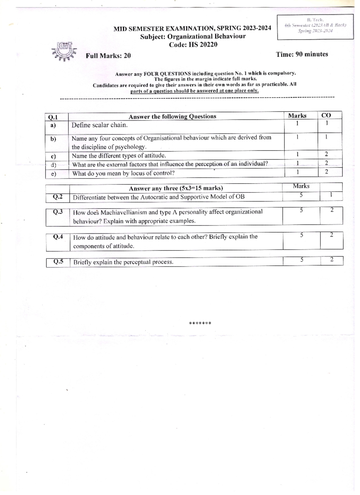 OB-Organisational Behaviour KIIT 2023 MID SEM question - B. Tech. 4th ...
