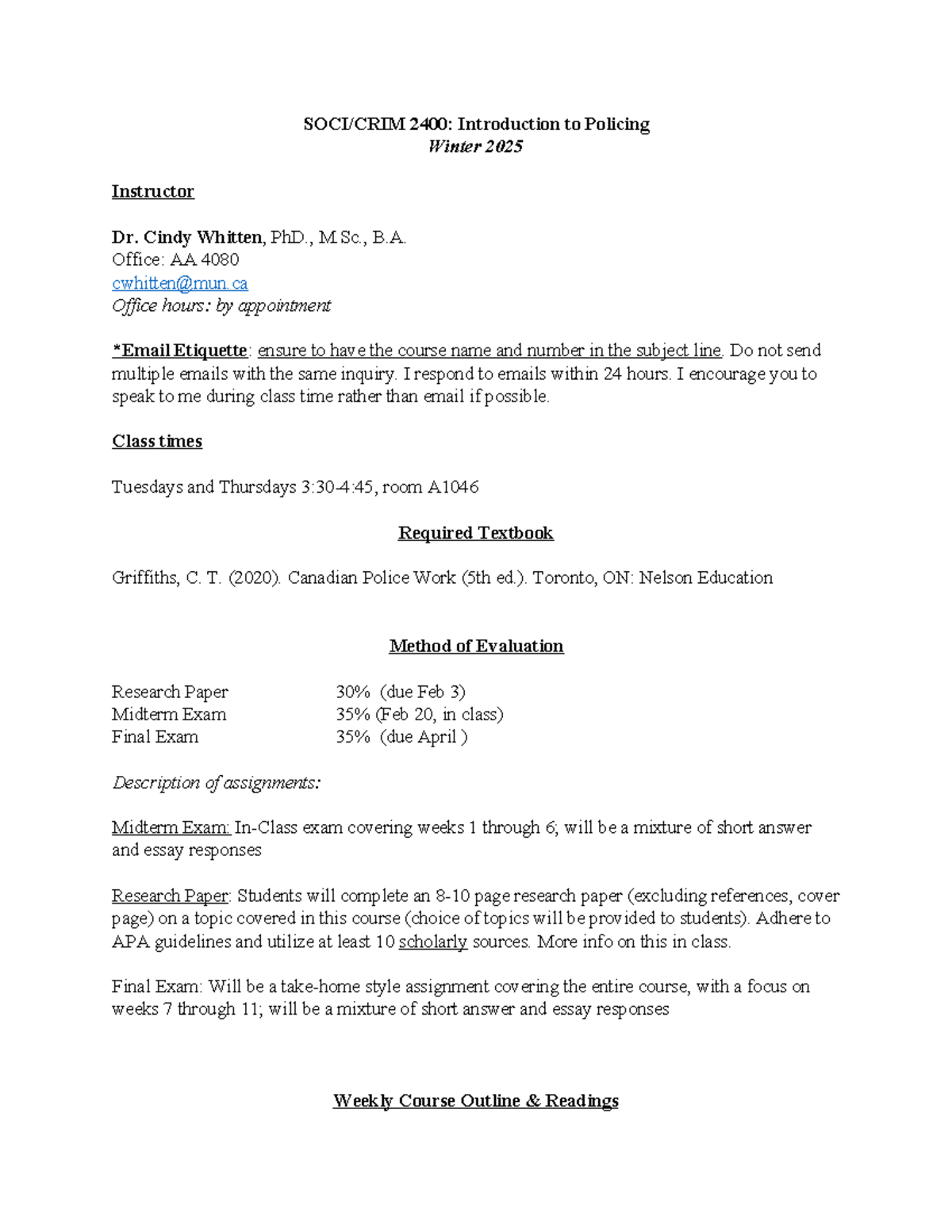 CRIM2400 Winter 2025 Syllabus: Intro to Policing Overview - Studocu