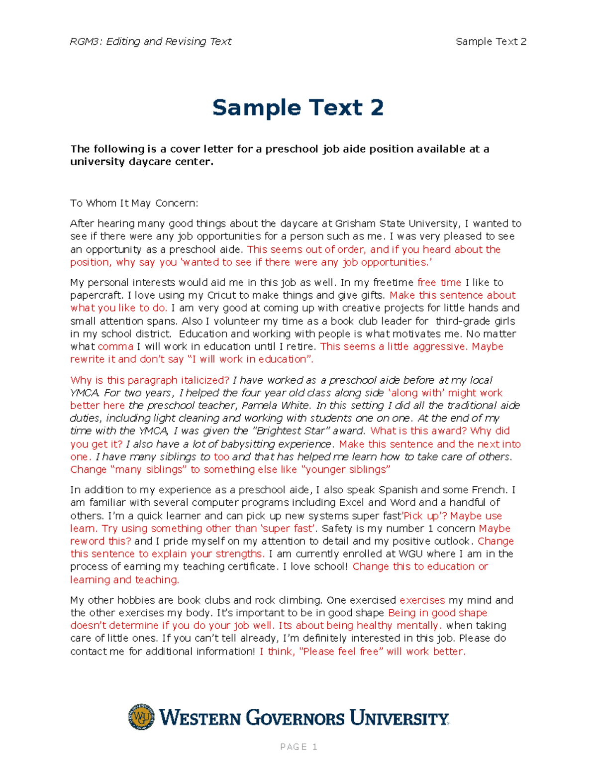 RGM3: Cover Letter Editing & Revision Task - Sample Text 2 - Studocu