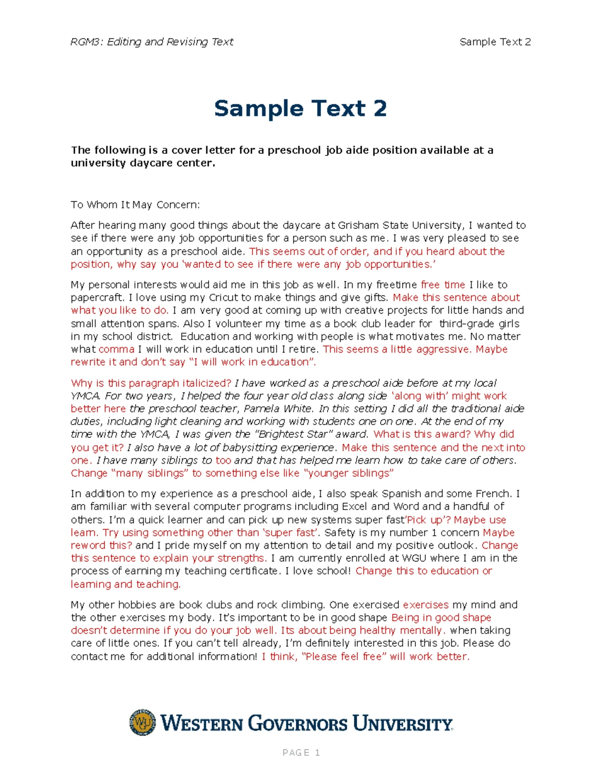 RGM3: Task 3 Cover Letter Editing and Revising Guide - Studocu