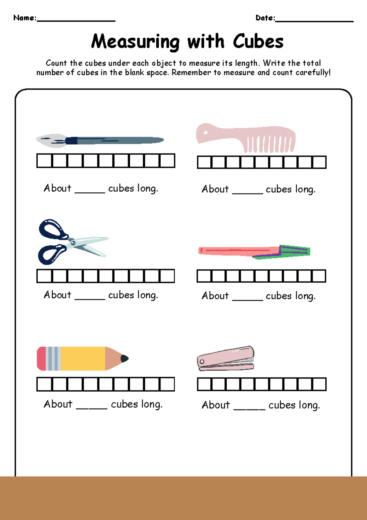 Measuring with Cubes - Kindergarten Worksheet - Name: Date: Measuring ...