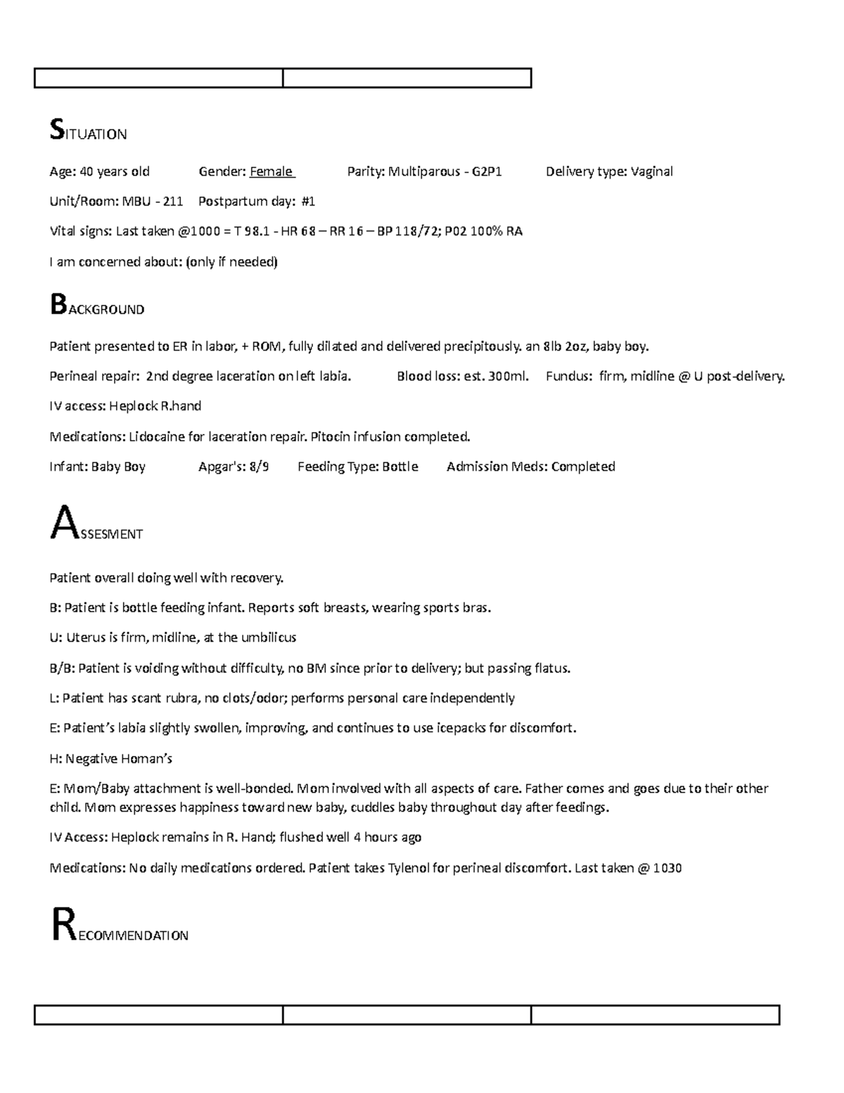OB-Postpartum SBAR Example for Patient Recovery Assessment - Studocu