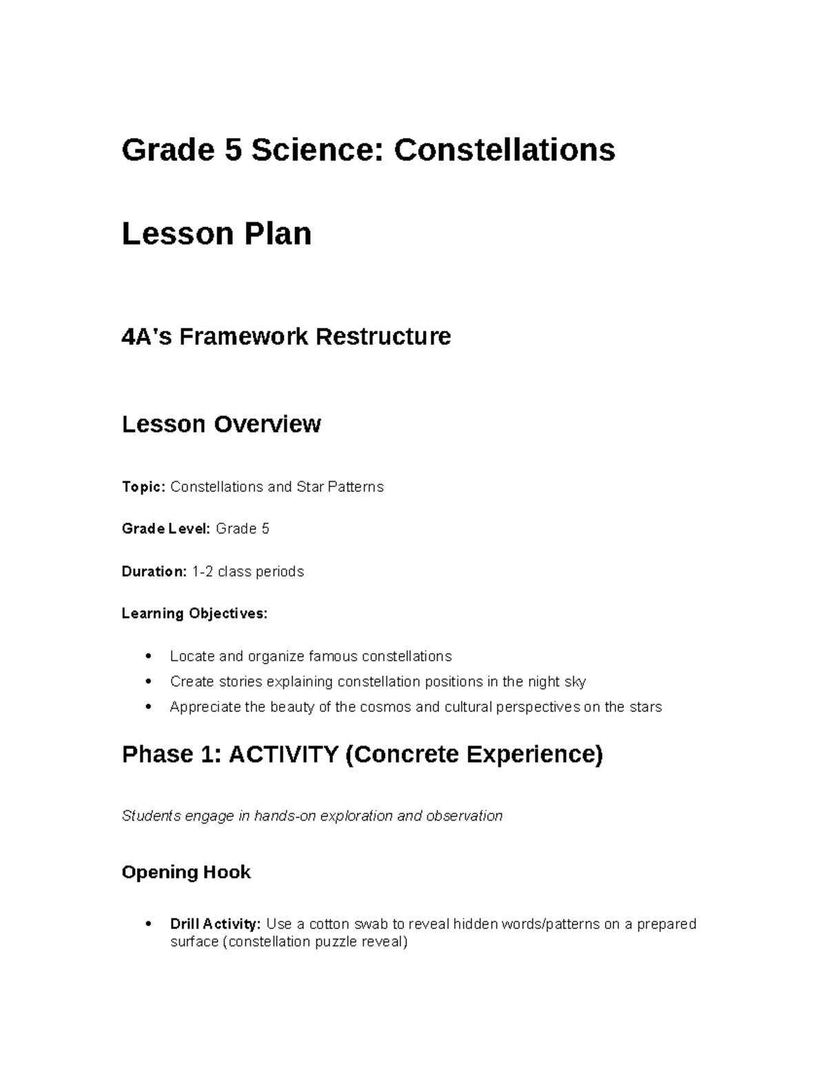 Grade 5 Science: Constellations Lesson Plan (4A's Framework) - Studocu
