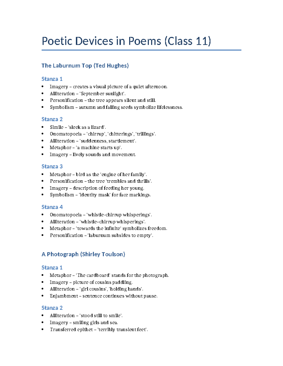 Poetic Devices Analysis in Class 11 Poems - Studocu