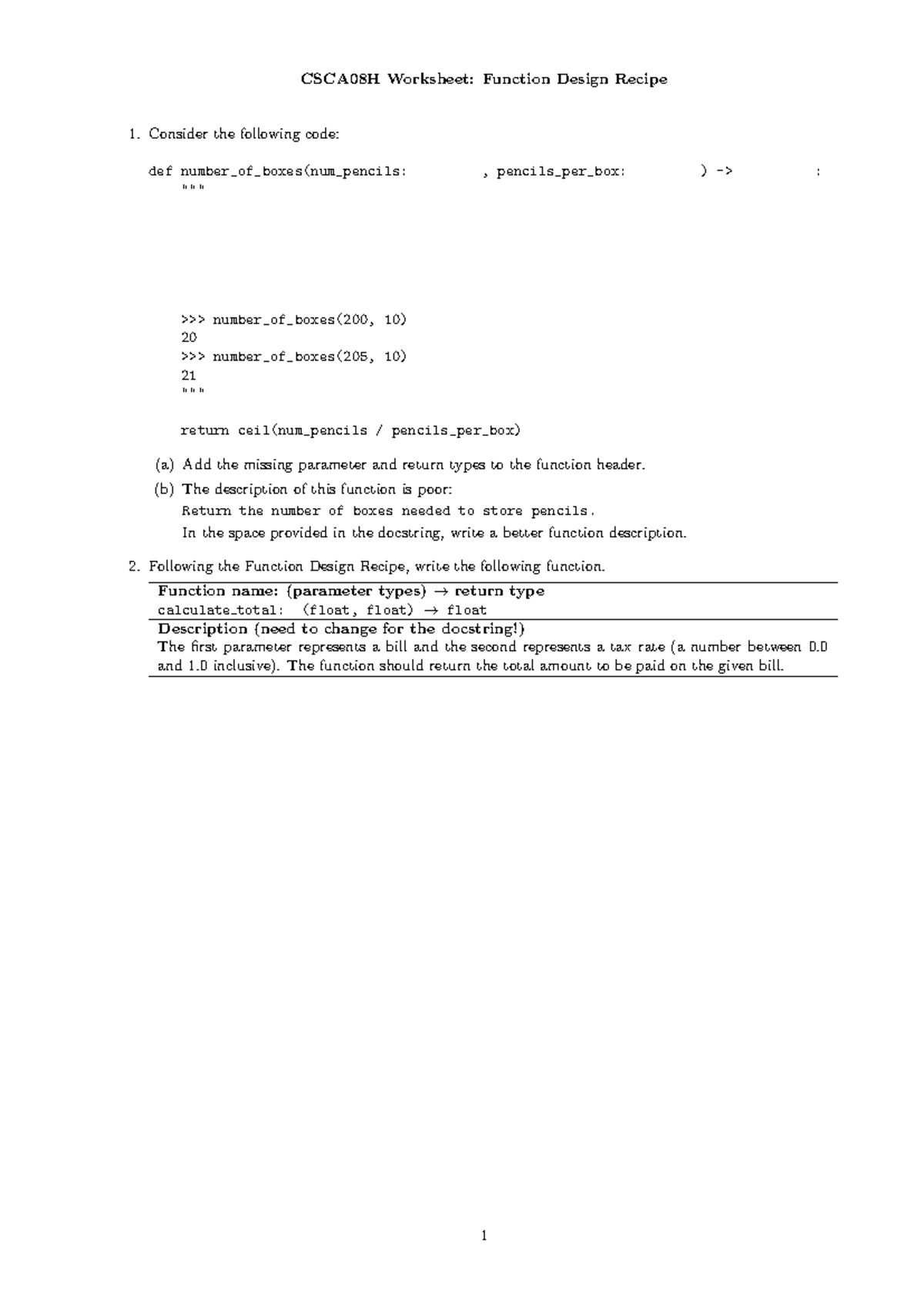 Fn design recipe worksheet - CSCA08H Worksheet: Function Design Recipe ...