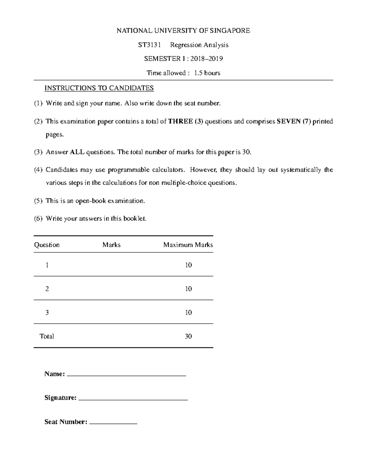 2018 st3131 midterm Solutions - NATIONAL UNIVERSITY OF SINGAPORE ST3131 ...