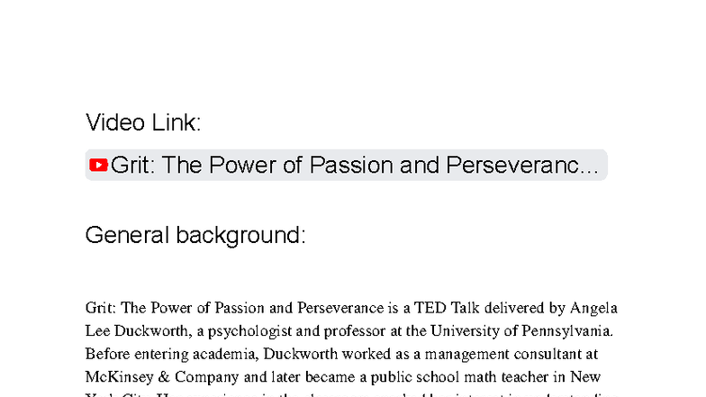 CRAAP Analysis and Genre Review of TED Talk: Grit by Angela Lee ...